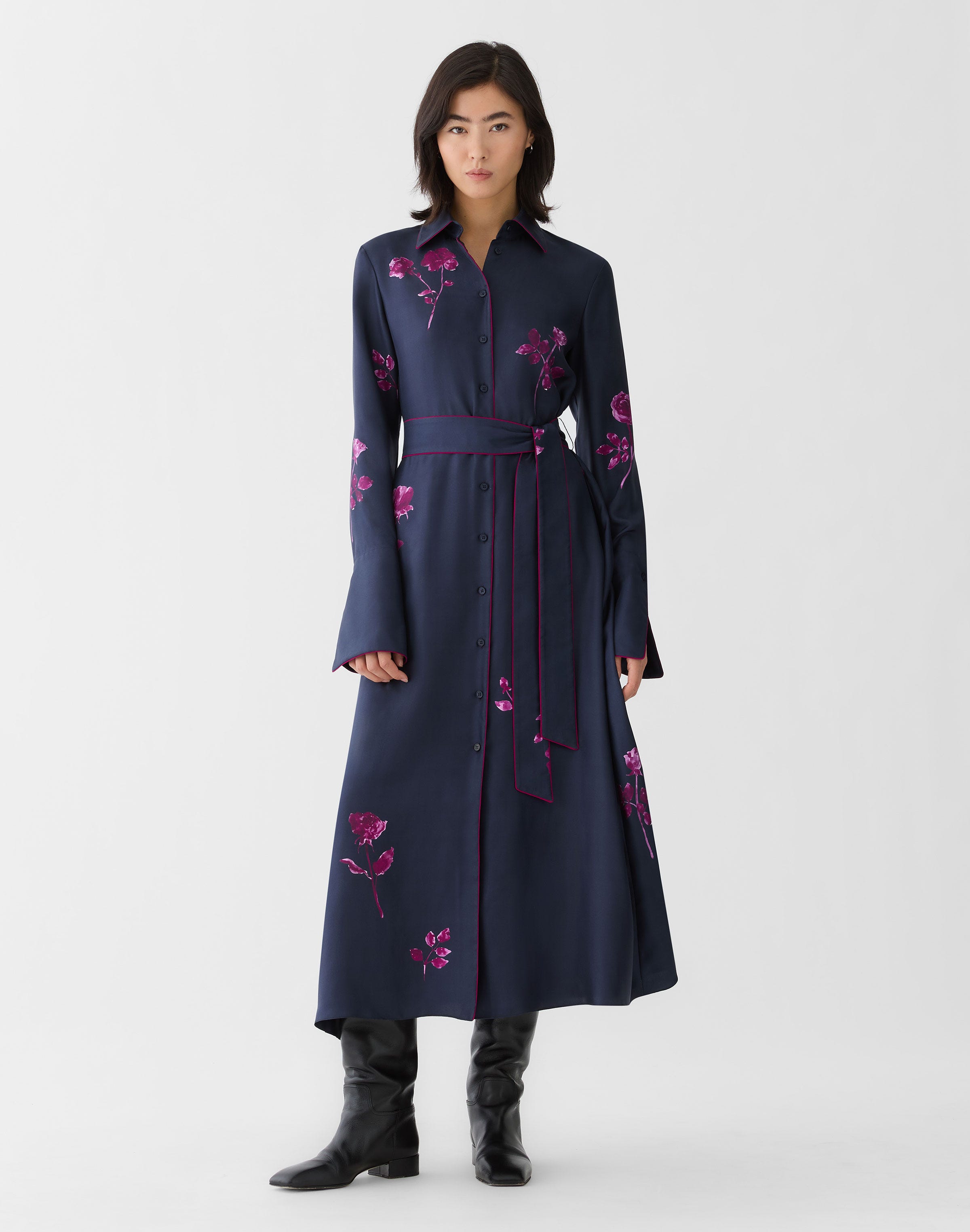 LAFAYETTE 148 NEW YORK Lafayette 148 New York Rose Print Silk Twill Belted Shirt Dress